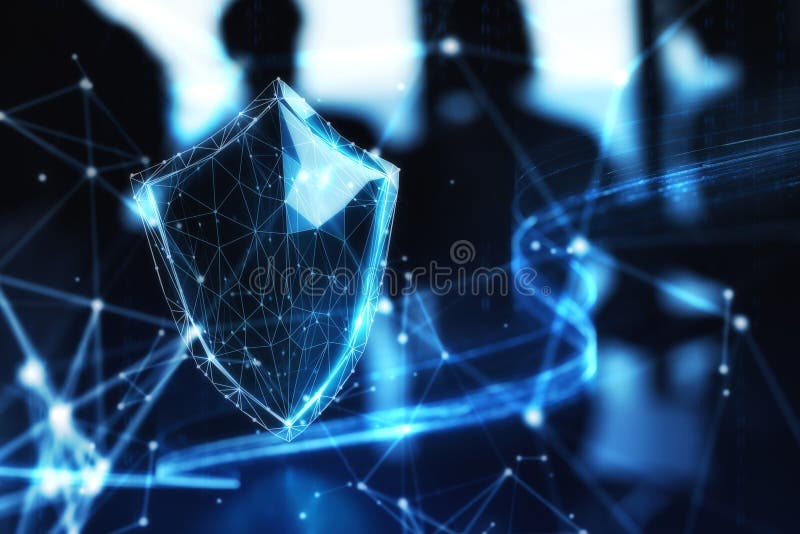 Wireframe Concept of a Shield on Dark Blue Background. 3D Rendering ...