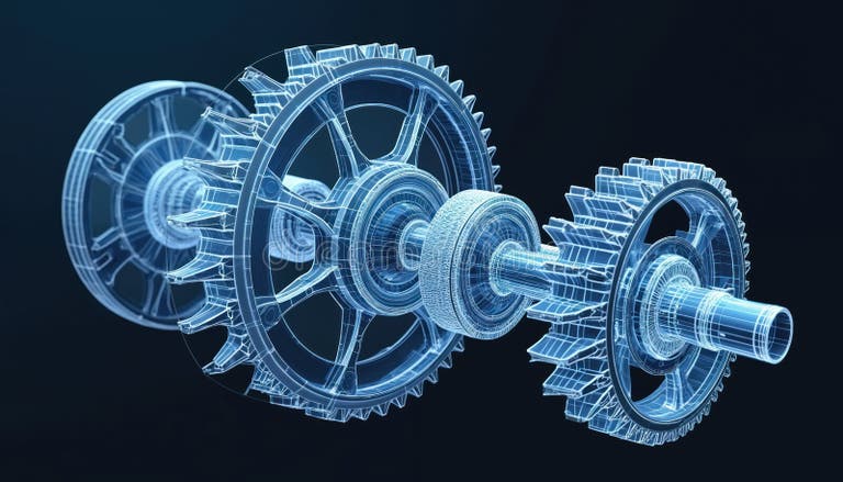 Wireframe 3D Model of Intermeshed Gears Rotating System. Technical ...