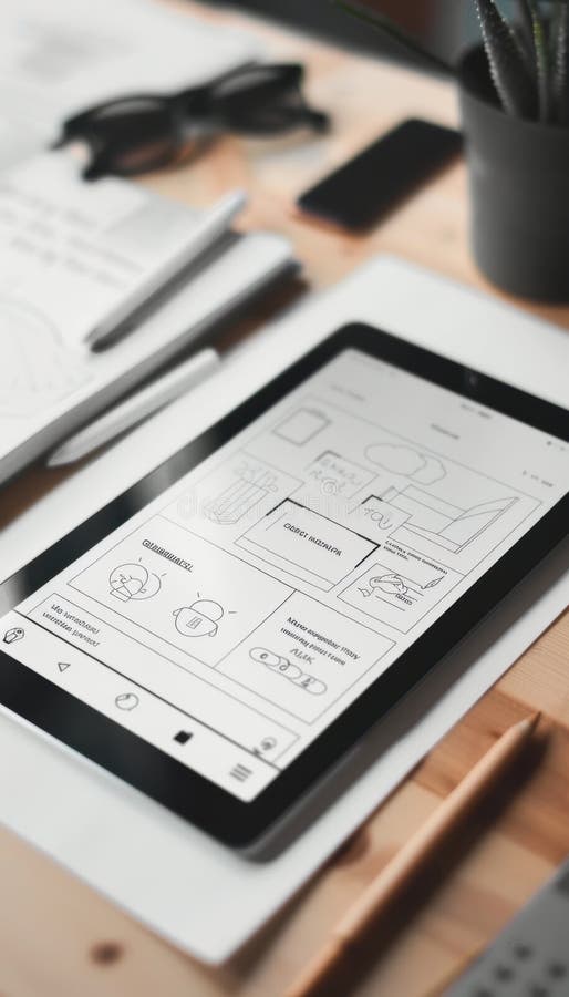 Modern Wireframe Design for Mobile App Displayed on Digital Tablet in ...