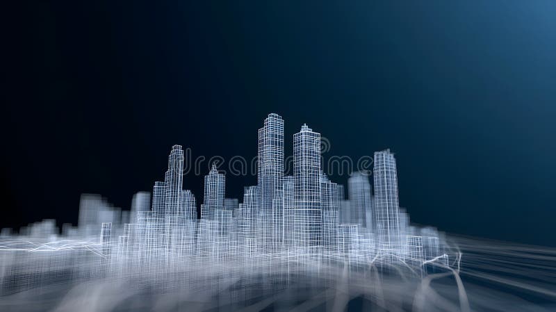 Wireframe Digital Cityscape with Skyscraper Outlines and Glowing Grid ...