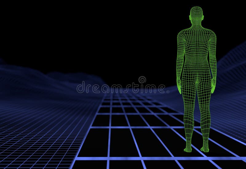 Wireframe Digital Green Man on Road with Virtual Blue Landscape. 3d ...