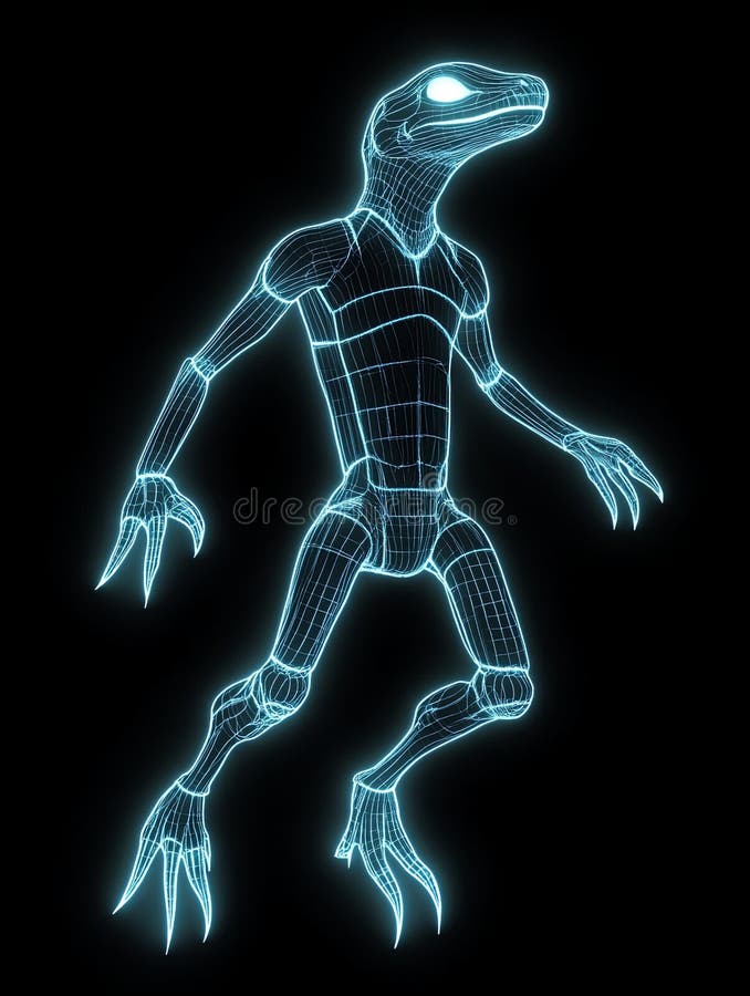 Wireframe Digital Lizard Model, Glowing Blue, Isolated on Black ...
