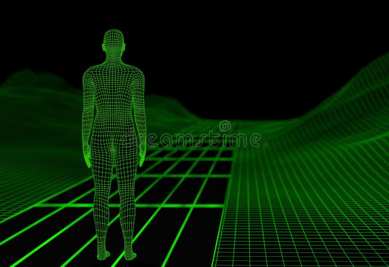 Wireframe Digital Man on Road with Landscape. 3d Illustration Stock ...