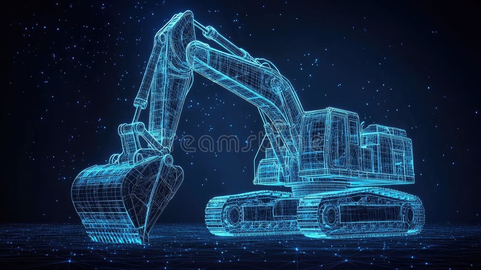 Wireframe Digital Rendering of an Excavator on a Blue Background ...