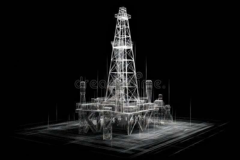 3D Wireframe Model Showcases Detailed Design of an Oil Rig Set Against ...