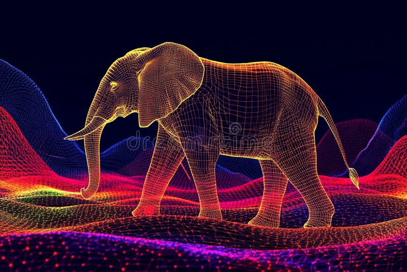 Wireframe Elephant: Striding through a Dynamic Landscape Stock ...