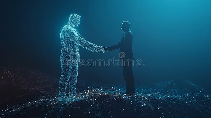 A Wireframe-enhanced Digital Handshake - Two Hands Joining, Highlighted ...