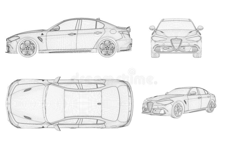 Wireframe Generic and Brandless Car in Four View Stock Illustration ...