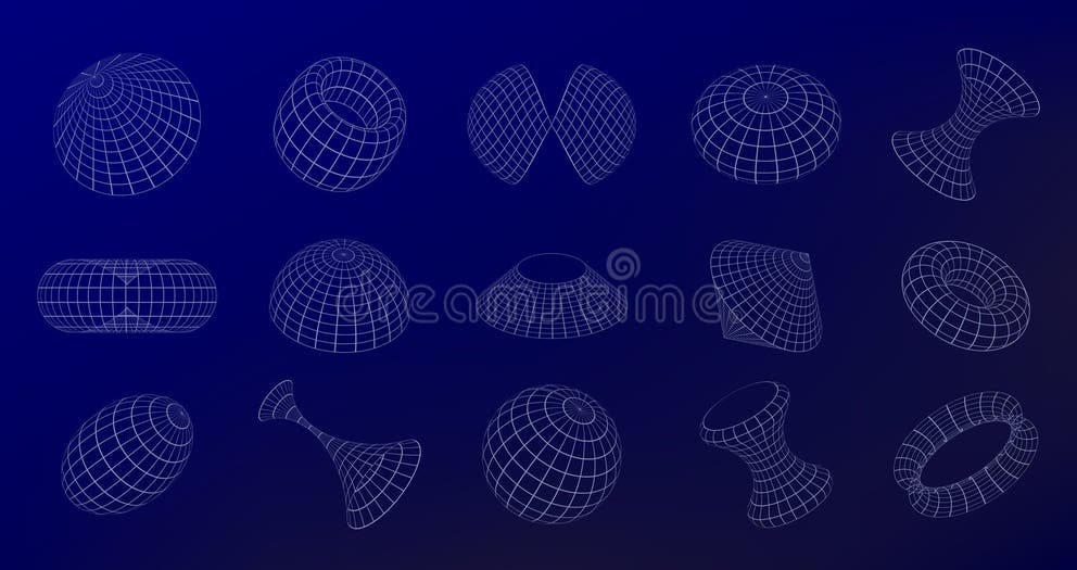 Wireframe Geometric Shapes. Grid Retrofuturistic Shapes Arranged in ...