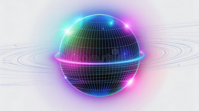 Glowing Wireframe Sphere with Neon Ring and Orbiting Lines Stock Illustration - Illustration of ...