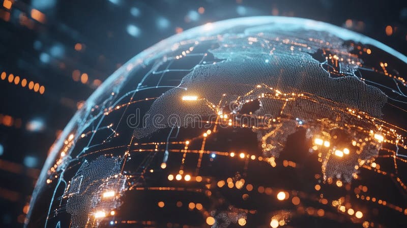 Global Network Digital Globe Futuristic Technology Orange Blue Lights ...