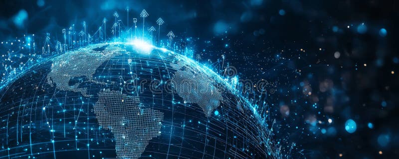 Wireframe Globe with Upward Arrows Representing Global Digital Growth ...