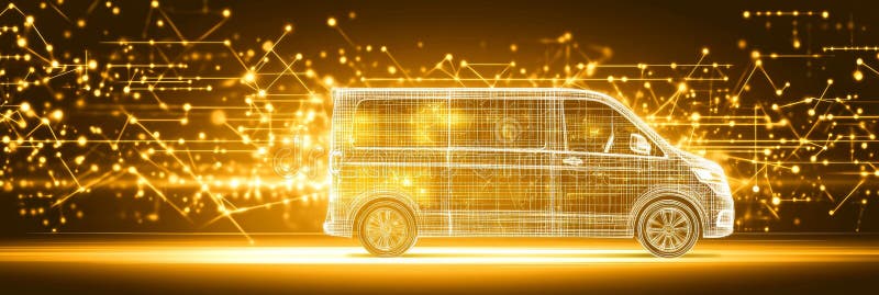 Wireframe of Golden Electric Delivery Van on a Dark Background with ...