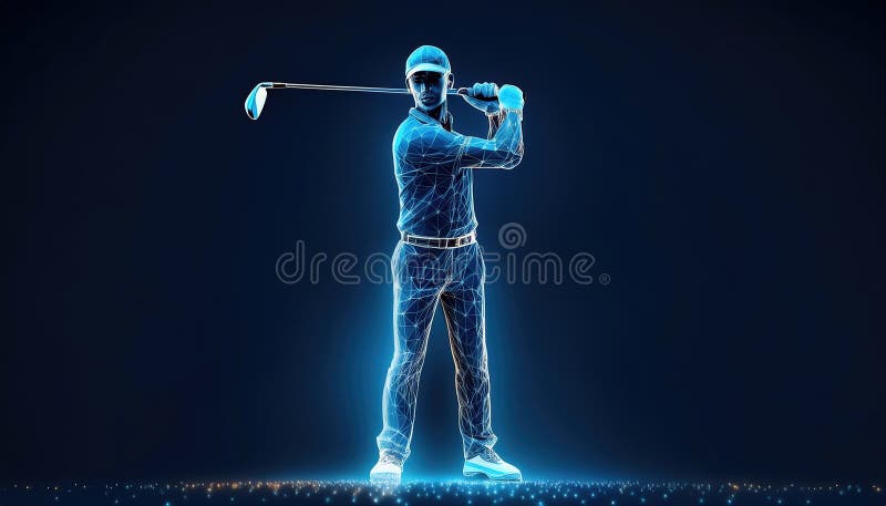 Wireframe Golf Player Preparing To Swing on a Futuristic Blue ...