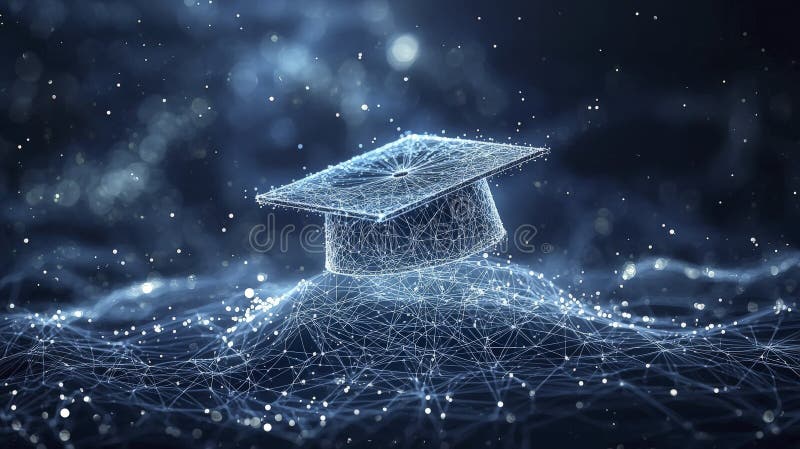 Wireframe Graduation Cap on Digital Data Landscape. Stock Illustration ...