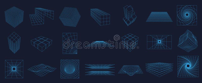 Wireframe Grid Elements. 3D Mesh Structures, Cyber Geometric Plane and ...