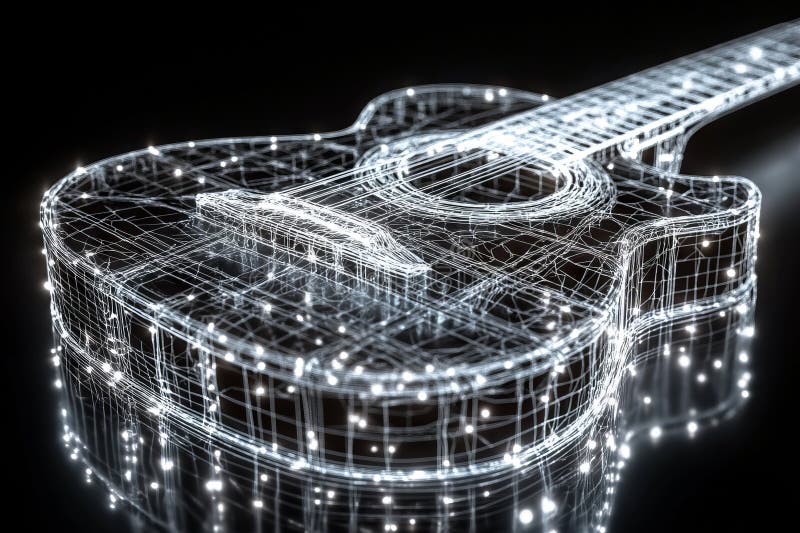 Wireframe Guitar with Glowing Lights on Black Background. Stock Photo ...
