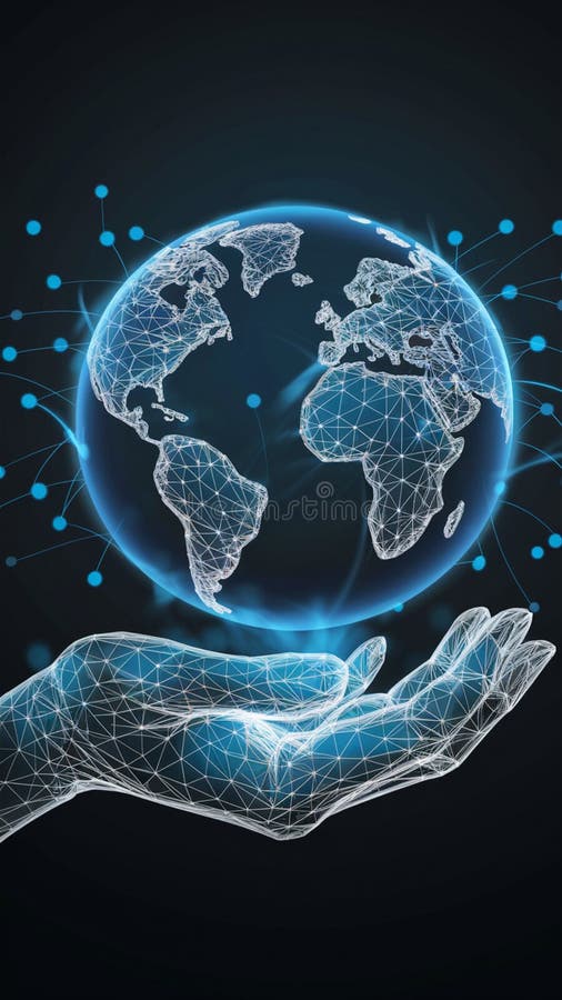 Wireframe Hand Holding Illuminated Globe, Evoking Global Digital ...