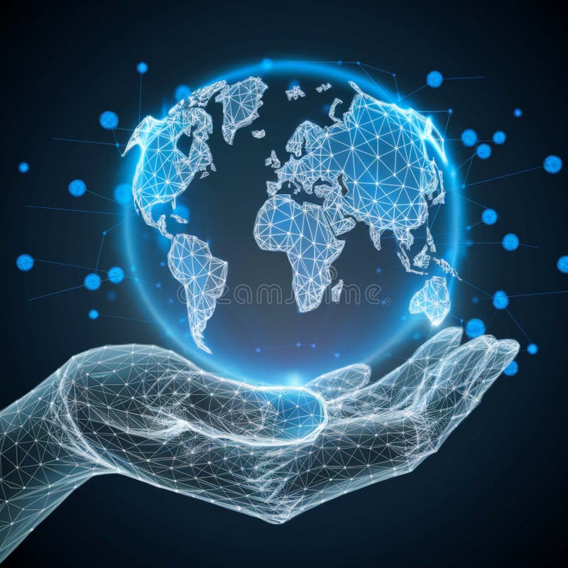 Wireframe Hand Holding Illuminated Globe, Evoking Global Digital ...