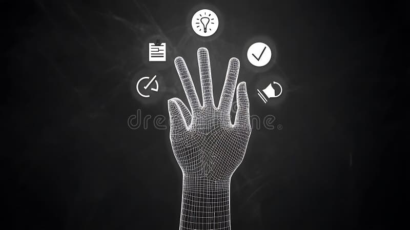 Wireframe Hand Interacting with Digital Icons Stock Illustration ...