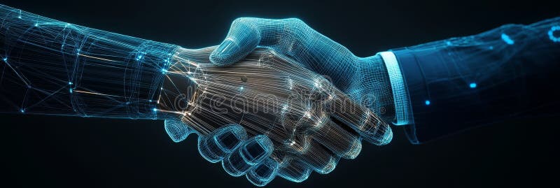A Wireframe Handshake Symbolizes the Collaboration between Human and ...