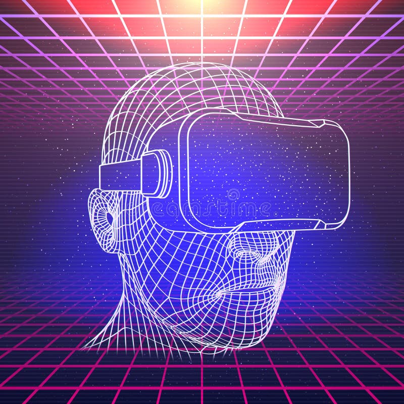 Wireframe Head with VR Headset in Cyberspace with Laser Grids. Retro ...