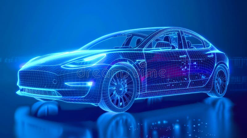 A Wireframe Hologram of a Car, a Tesla, is Depicted Against a Deep Blue ...
