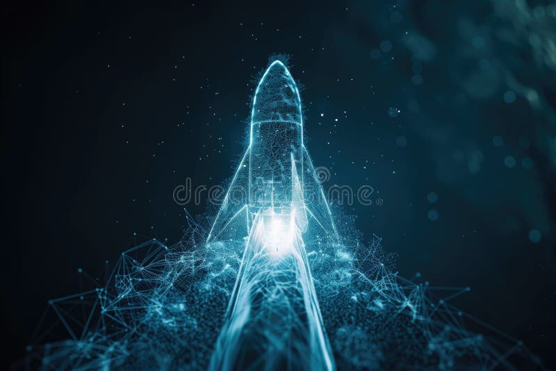 A Wireframe Hologram of a Rocket in the Sky, Depicted with Glowing Blue ...