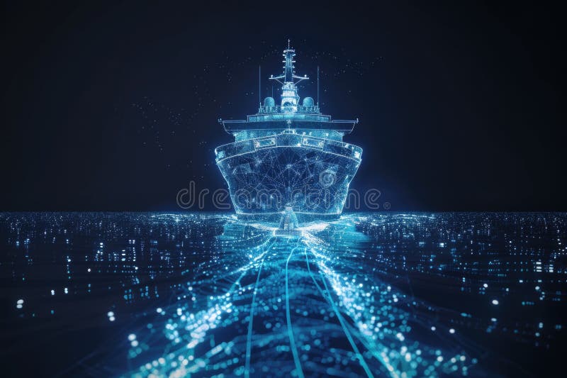 A Wireframe Hologram of a Ship at Sea, Depicted with Glowing Blue Lines ...
