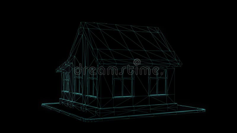 Wireframe House Isolated on a Black Background. 3D Render Rotating ...