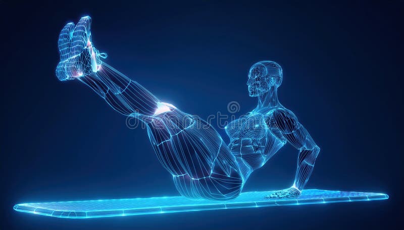 Dynamic Wireframe Athletic Figure Performing Core Exercise on Blue ...