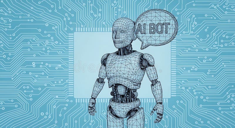 Wireframe Humanoid Robot with Visible Circuitry and Joints Stands ...