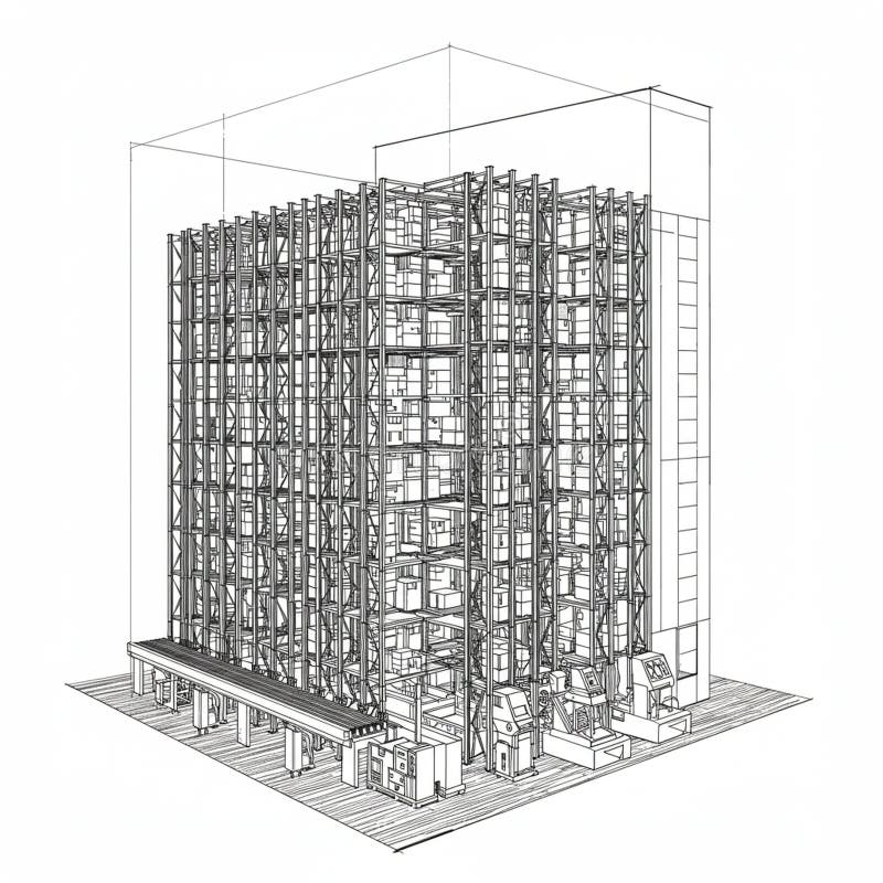 Wireframe Illustration of a Multi-story Automated Warehouse with a ...