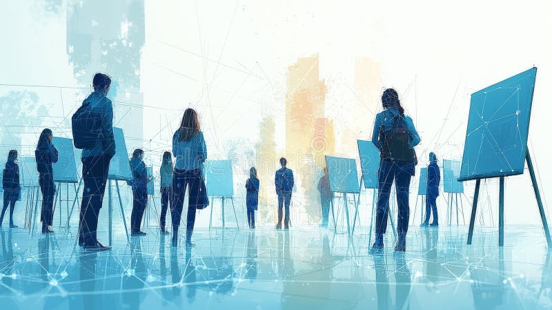 Wireframe Illustration of Students at a Seminar with Presentation ...