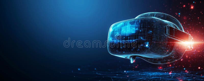 Wireframe Illustration of a VR Headset with Digital Landscape and ...