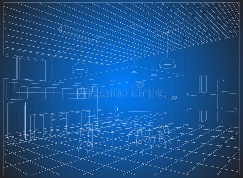 Kitchen Wireframe from Black Lines on a White Background. the Contour ...