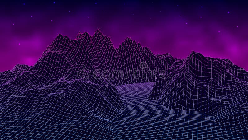 Wireframe Landscape Background. Digital Retro Landscape 1980s Style ...