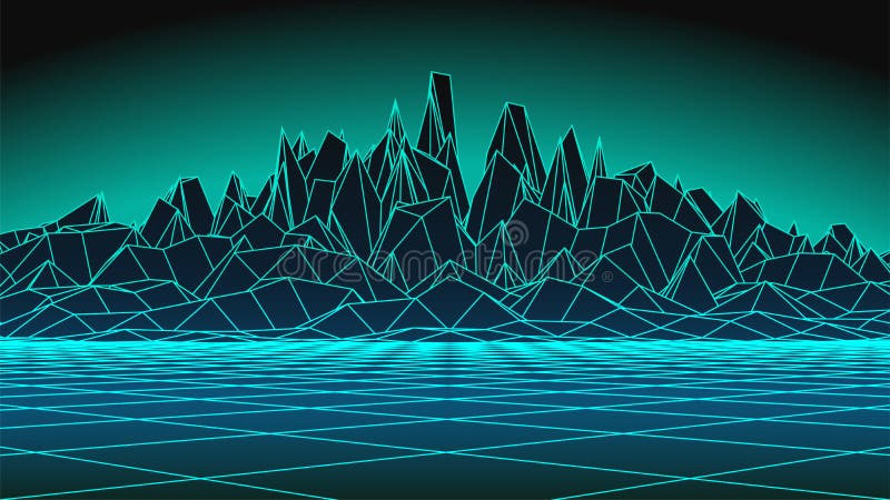 Wireframe Landscape. 80s Synthwave Background. Retro Future Terrain ...