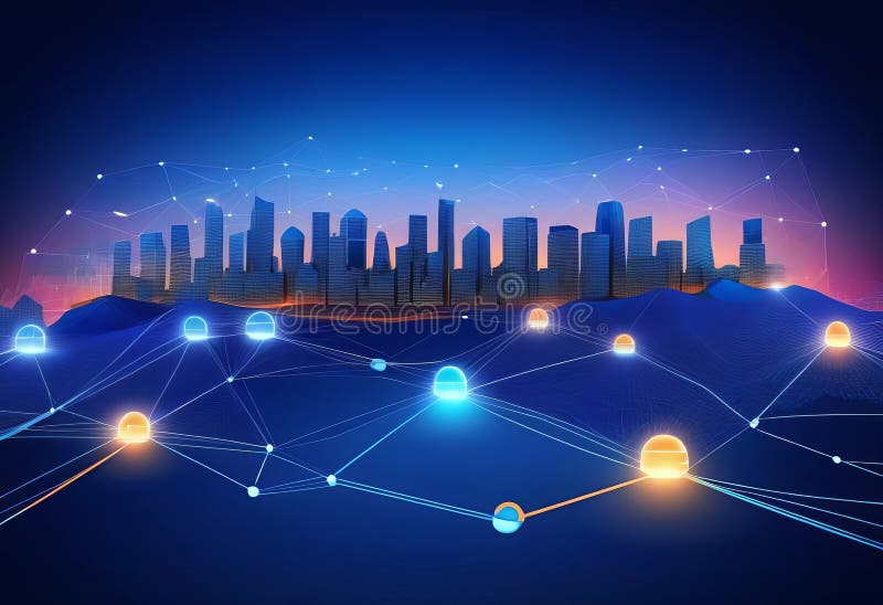 Wireframe Landscape with Smart City. Technology Background Blue Stock ...