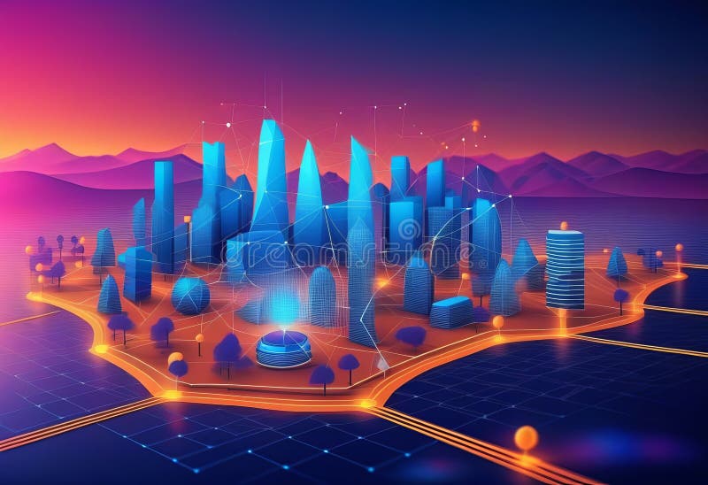 Wireframe Landscape with Smart City. Technology Background Blue Stock ...