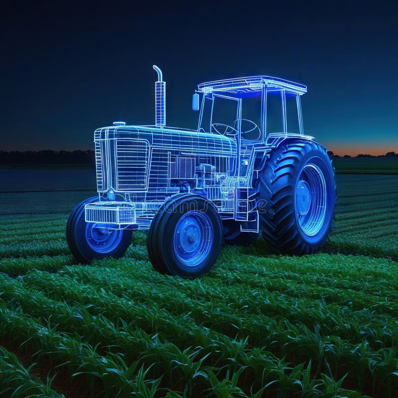 Wireframe of a Large Tractor Made of Blue Lines with Glowing Lights ...
