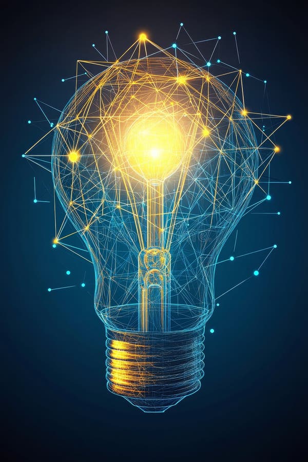 Wireframe Light Bulb Energy Technology Concept 3D Render, Illustration ...