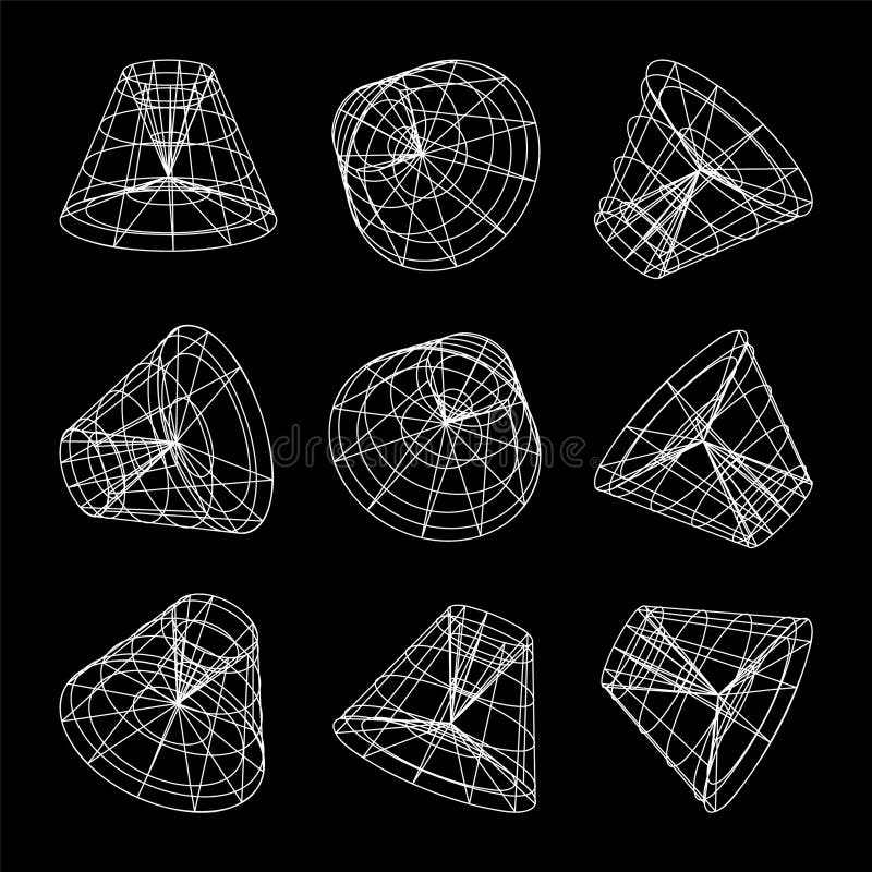 Wireframe Lined Shapes. Perspective Mesh, 3d Grid. Low Poly Geometric ...