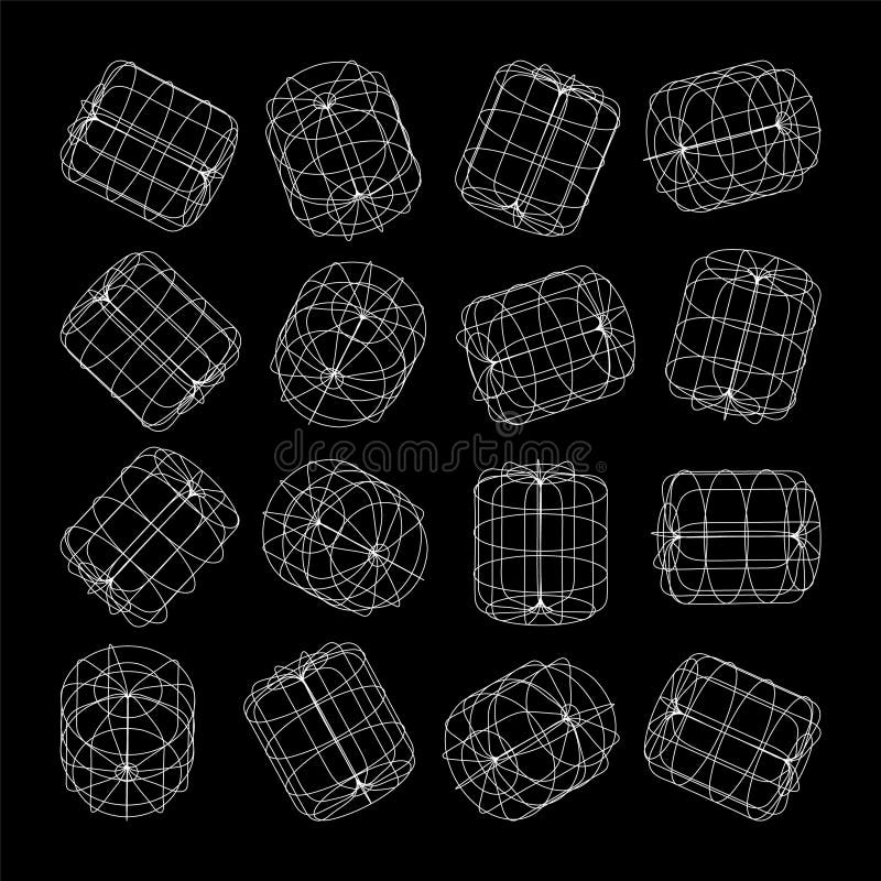 Wireframe Lined Shapes. Perspective Mesh, 3d Grid. Low Poly Geometric ...