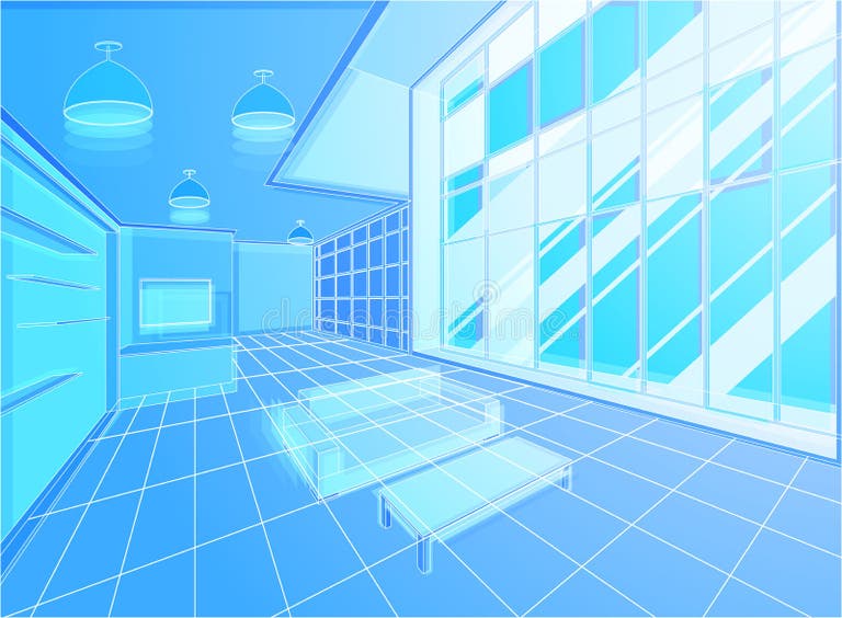 Wireframe Living Room Scene Blue Abstract Background Stock ...