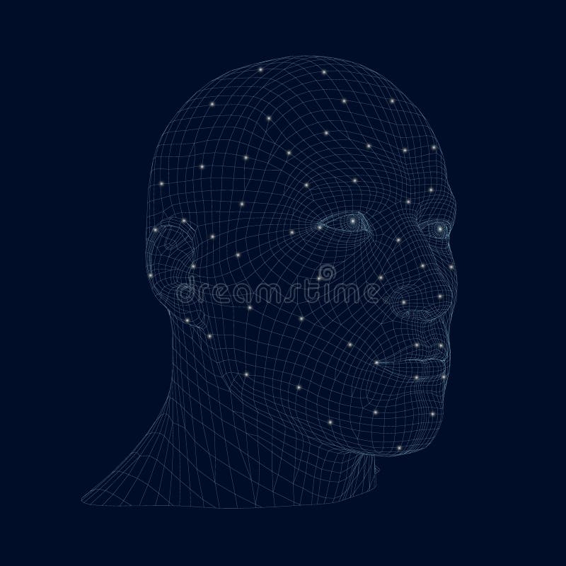 Wireframe of a Man Head Made of Blue Lines on a Dark Background with ...