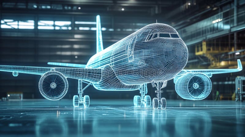 Detailed Wireframe Model of an Aircraft Showcased in a Modern Hangar ...