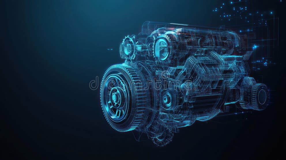 Wireframe Model of a Blue Engine with Gear Stock Image - Image of ...