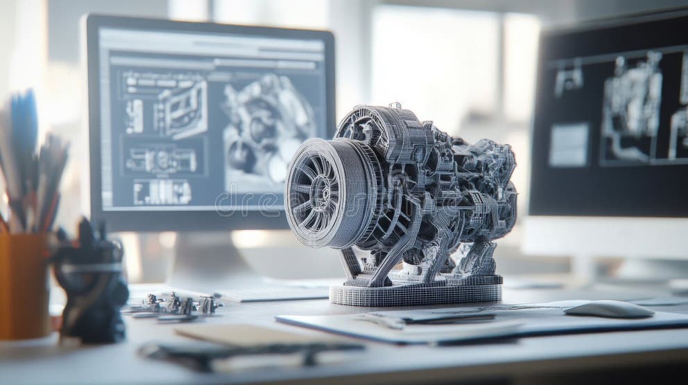 Wireframe Model of an Engine on a Desk with Computer and Blueprints ...