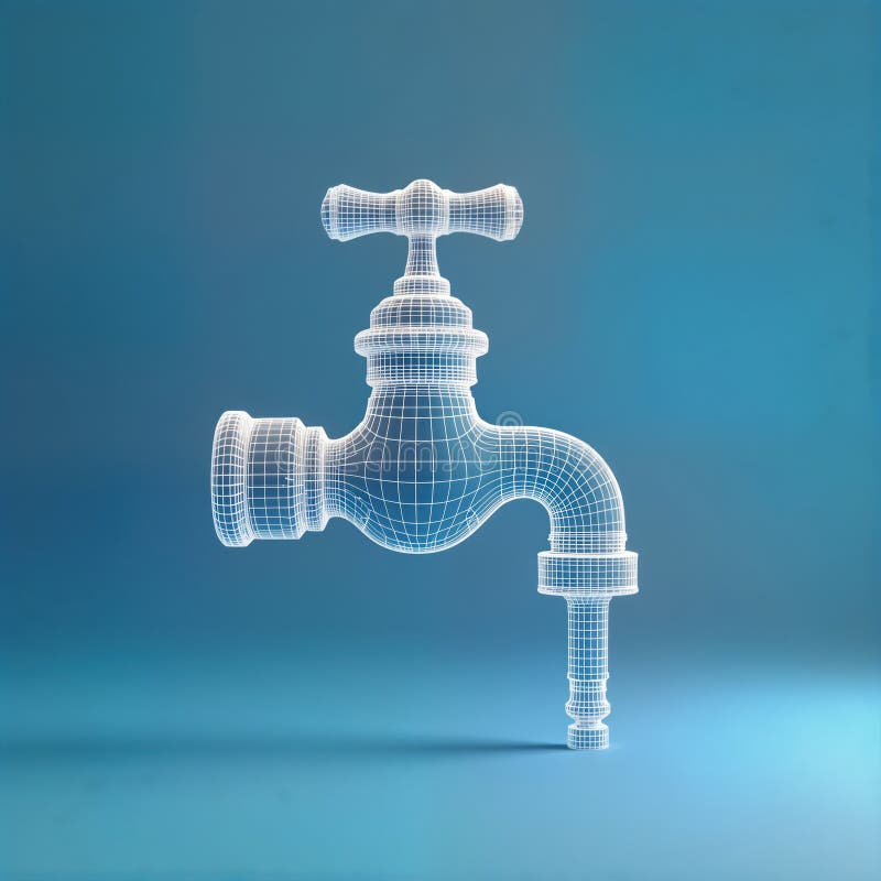 Wireframe Model of Faucet on Blue Background. Digital Design Rendering ...